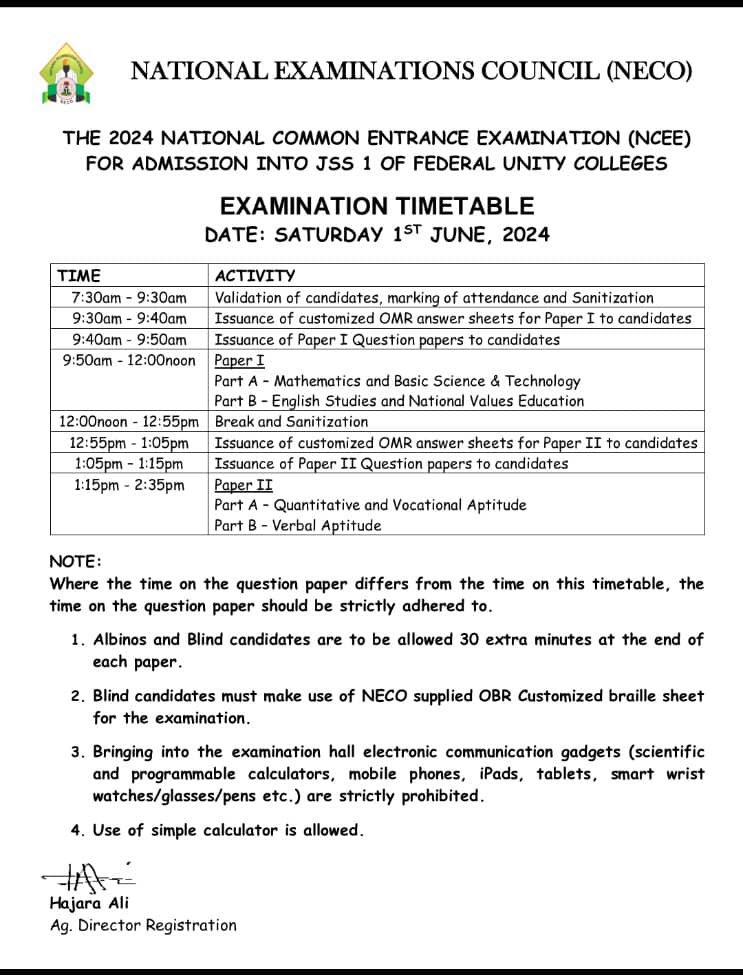 NECO RELEASES NCEE EXAMINATION TIMETABLE - OSUN THE POSITIVE VOICE